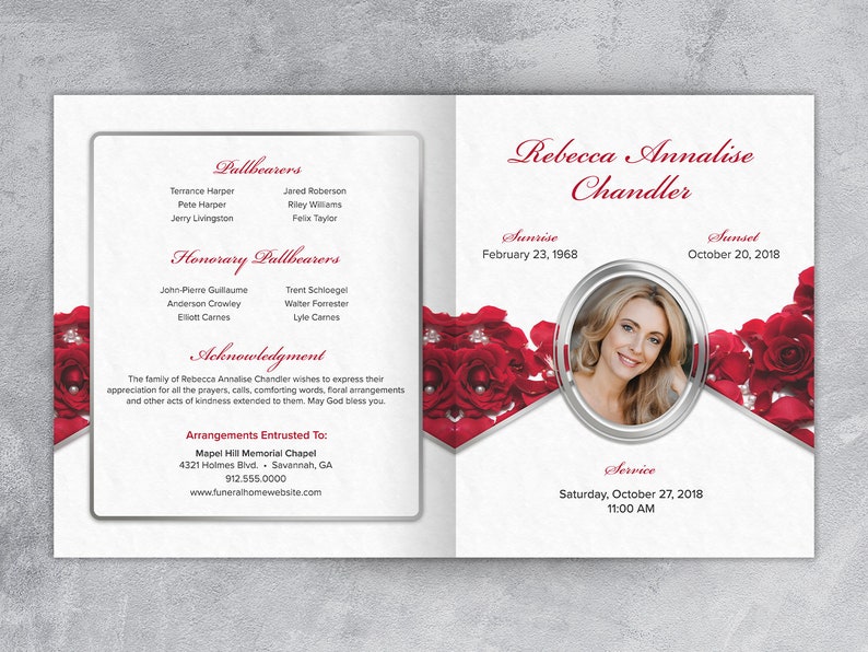 Red Roses Funeral Program Template Single Page Graduated | Etsy