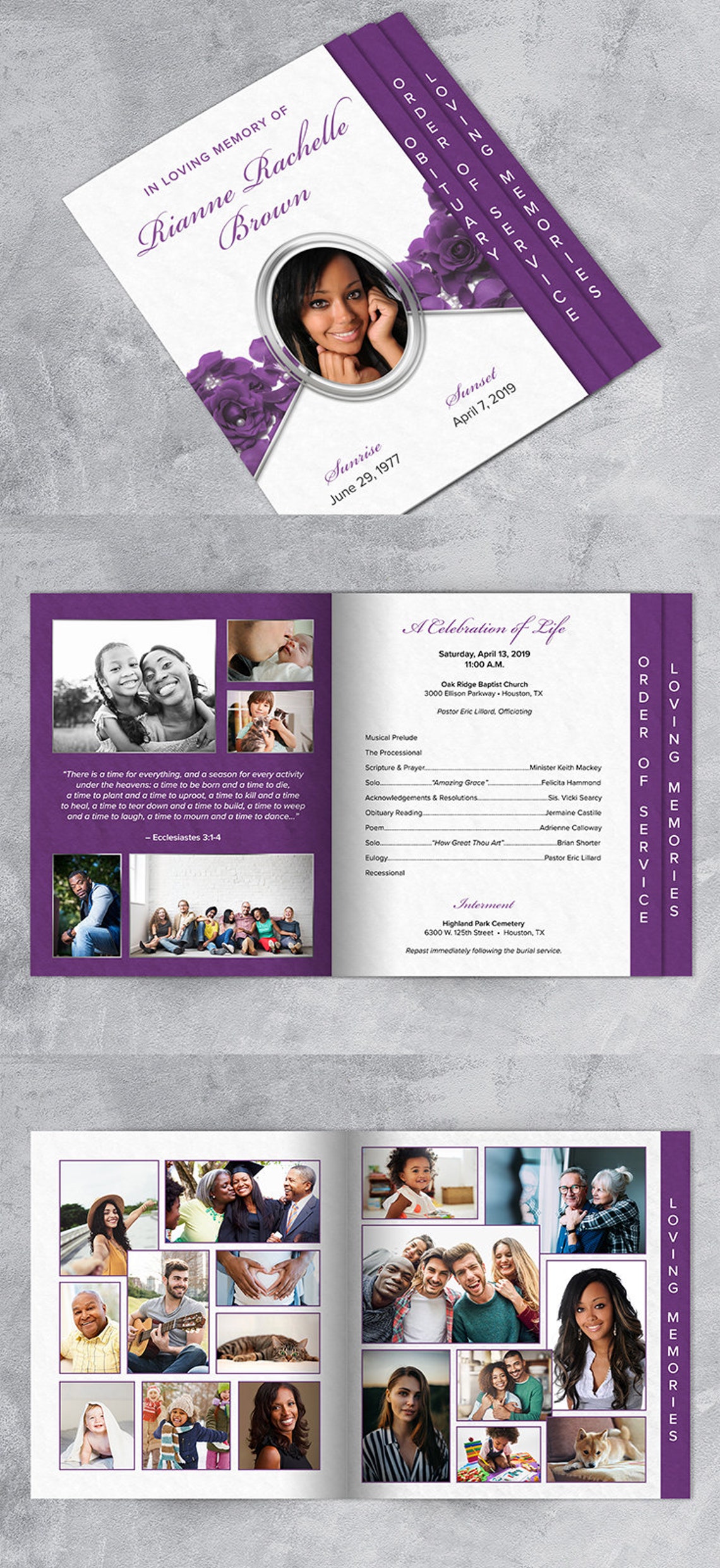 Purple Roses Funeral Program Template: Graduated Fold, 8-page (canva ...