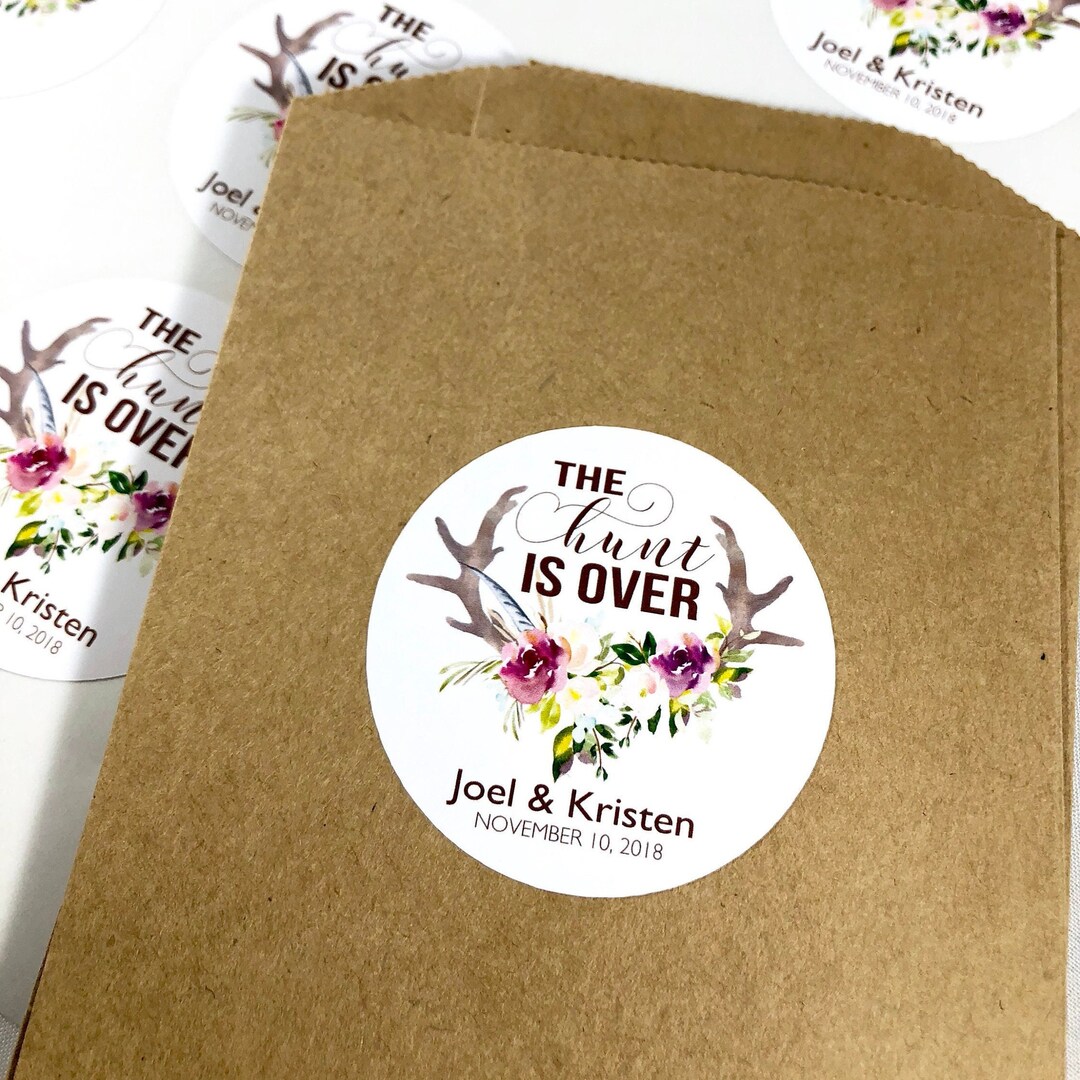 The Hunt is Over Rustic Country Wedding Label Stickers, Deer Hunters ...