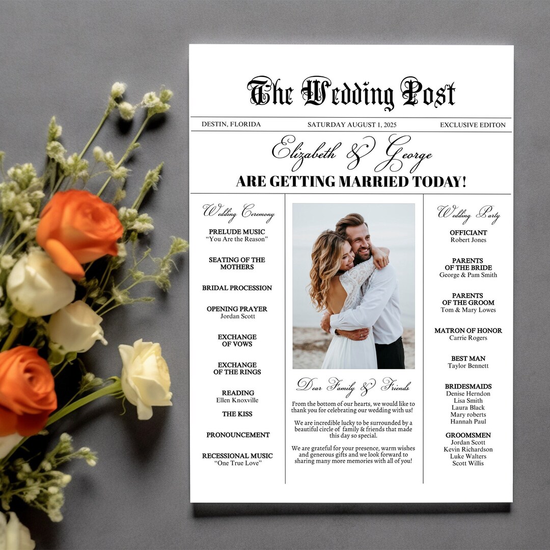 Wedding Day Newspaper Printable Ceremony Program Templates, Editable ...