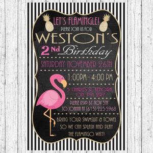Flamingo Themed Pink, Gold Glitter and Black Stripes Party Invitation ...