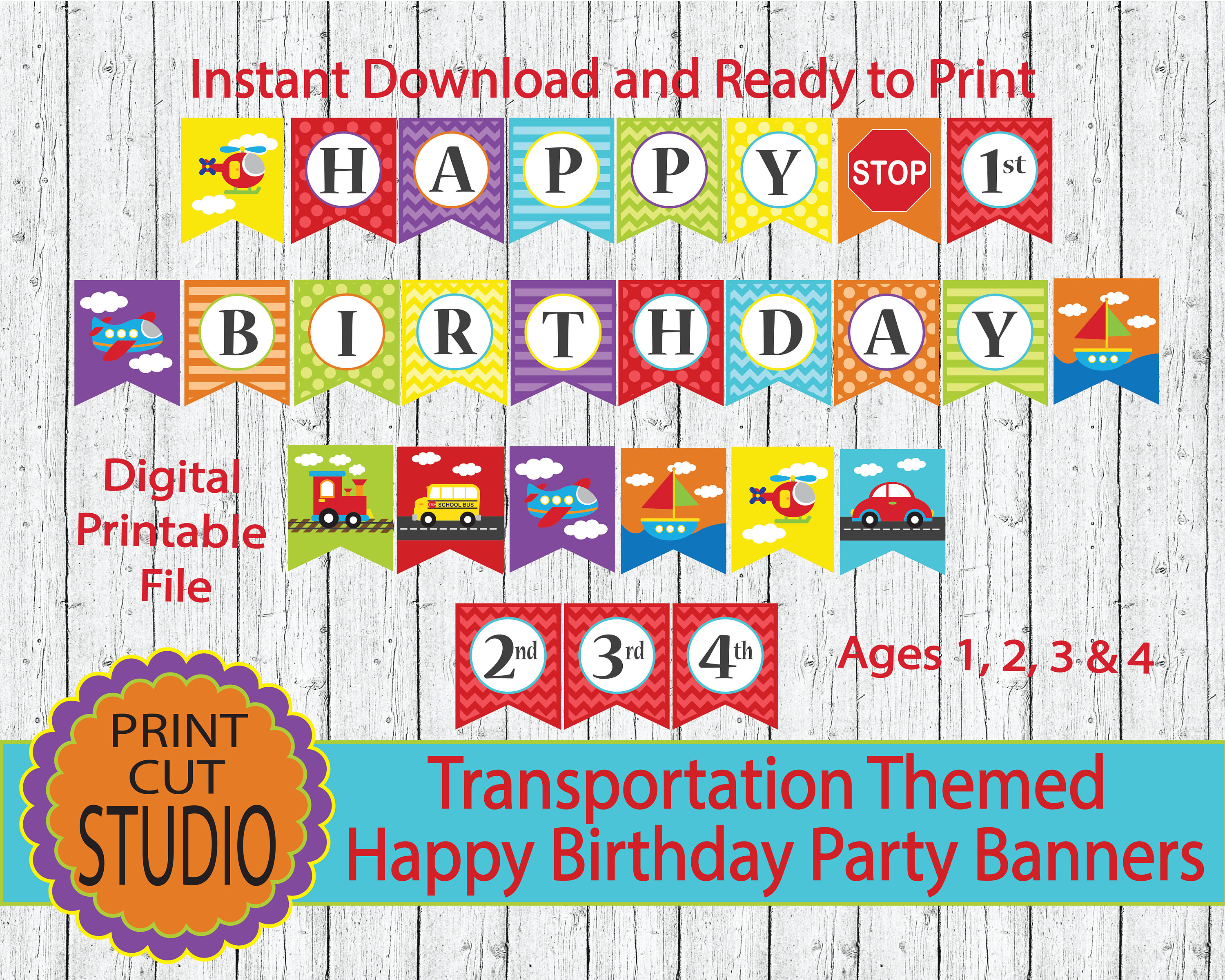 Transportation Themed Happy Birthday With Ages 1 2 3 and 4 - Etsy