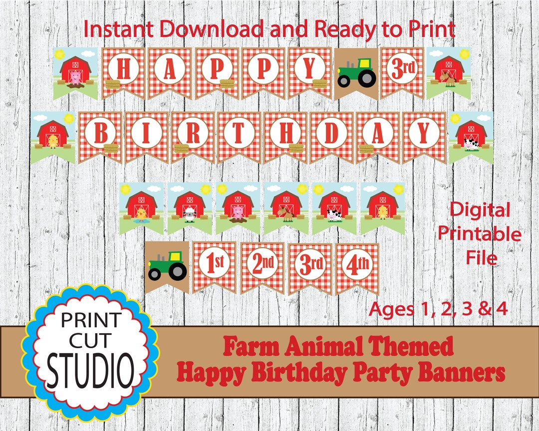 Farm Animal Themed Happy Birthday With Ages 1, 2, 3 and 4 Party Banner ...