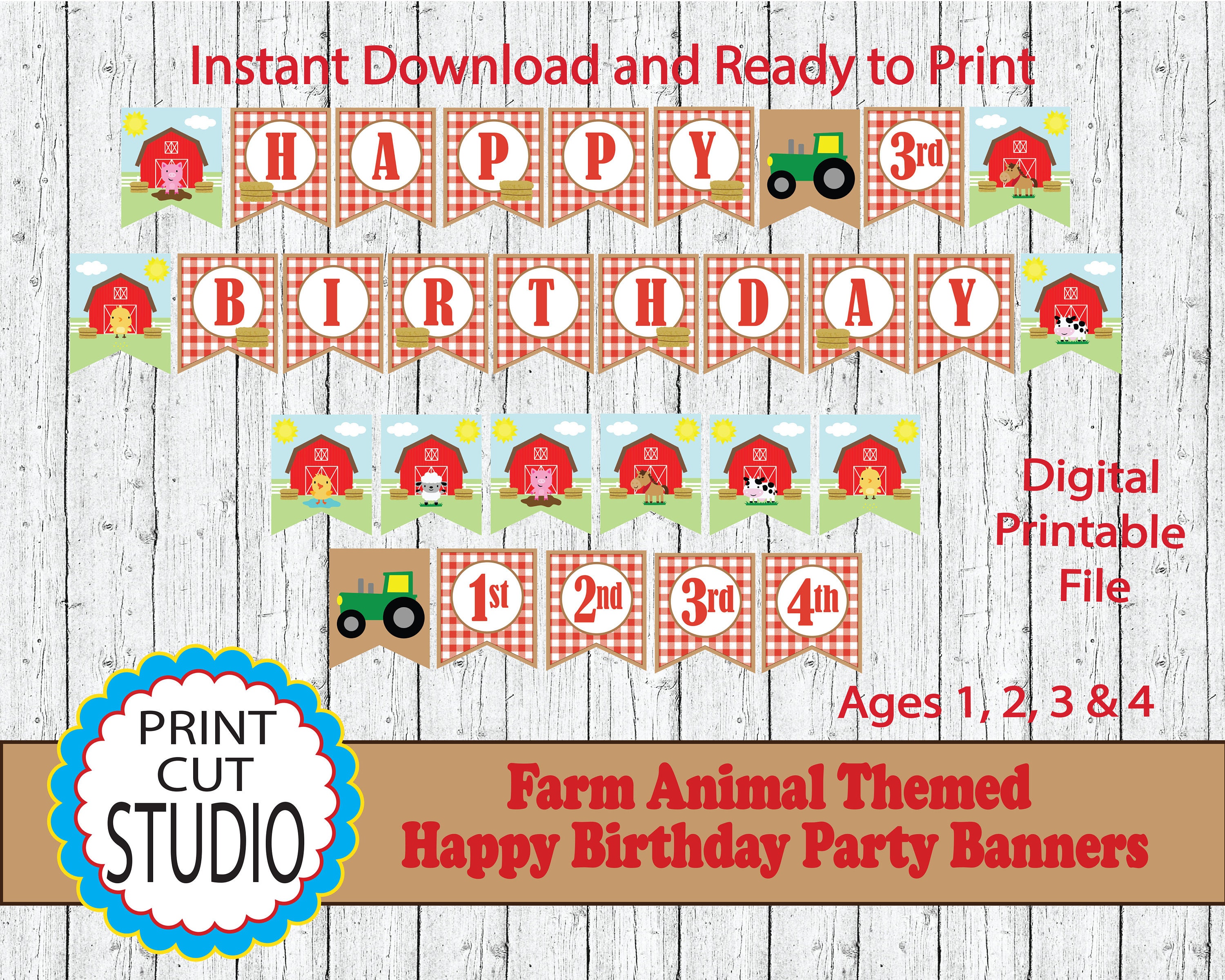 Farm Animal Themed Happy Birthday With Ages 1, 2, 3 and 4 Party Banner ...