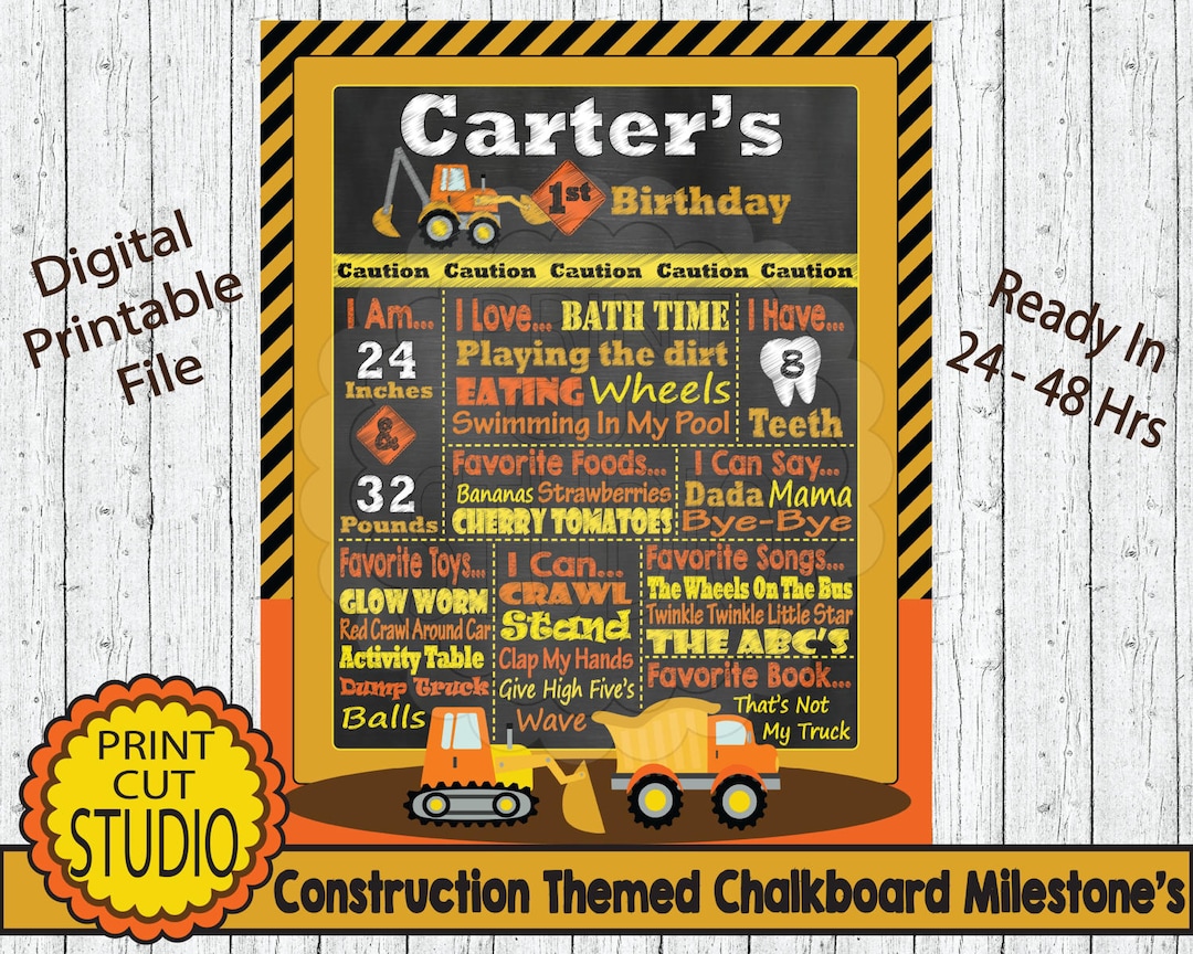 Construction Themed Chalkboard Milestones Personalized Printable ...