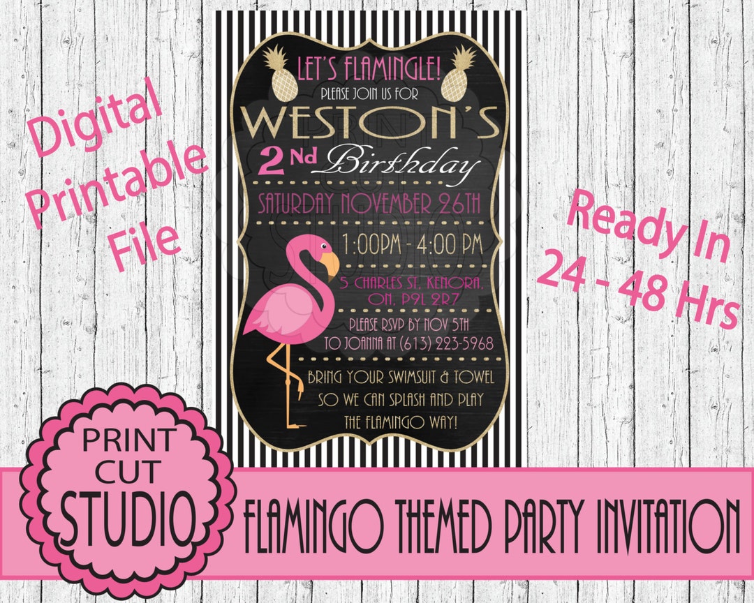Flamingo Themed Pink, Gold Glitter and Black Stripes Party Invitation ...