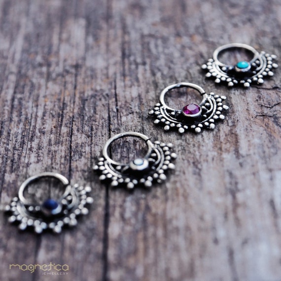 Silver Mandala With Gem Piercing Ring Fits Septum Tragus - Etsy