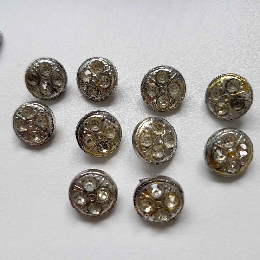 Set of 14 Tiny Vintage Rhinestone Buttons, 3/8" Shank, Silver Tone ...