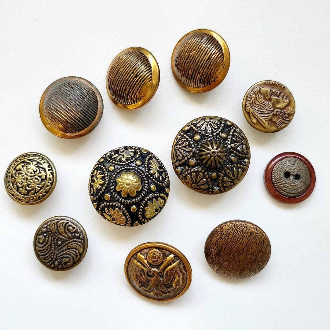 Vintage Brass Color Metal Button Collection, 10 Assorted Designs ...