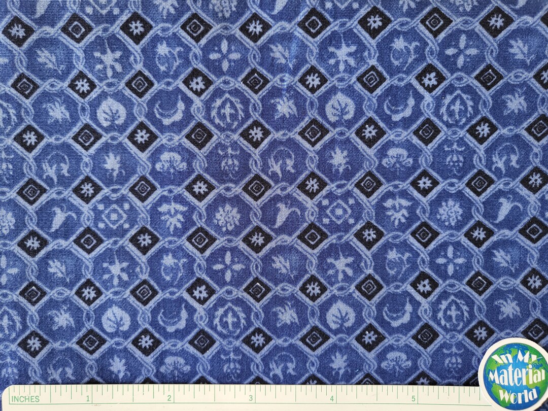 Vintage Blue Fabric, Overall Print, Rich Dark Blue Medallion Design ...