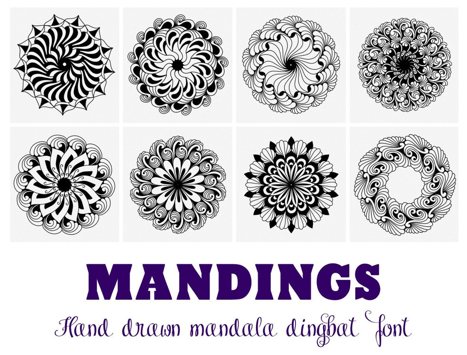 Digital Font, Hand Drawn Mandala Dingbats, Mandings Font, Hand Drawn ...