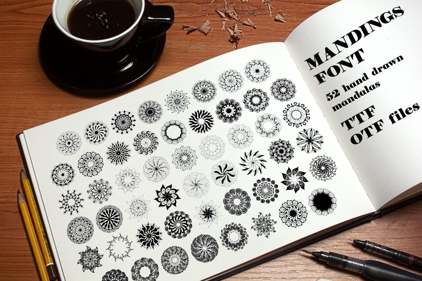 Digital Font, Hand Drawn Mandala Dingbats, Mandings Font, Hand Drawn ...