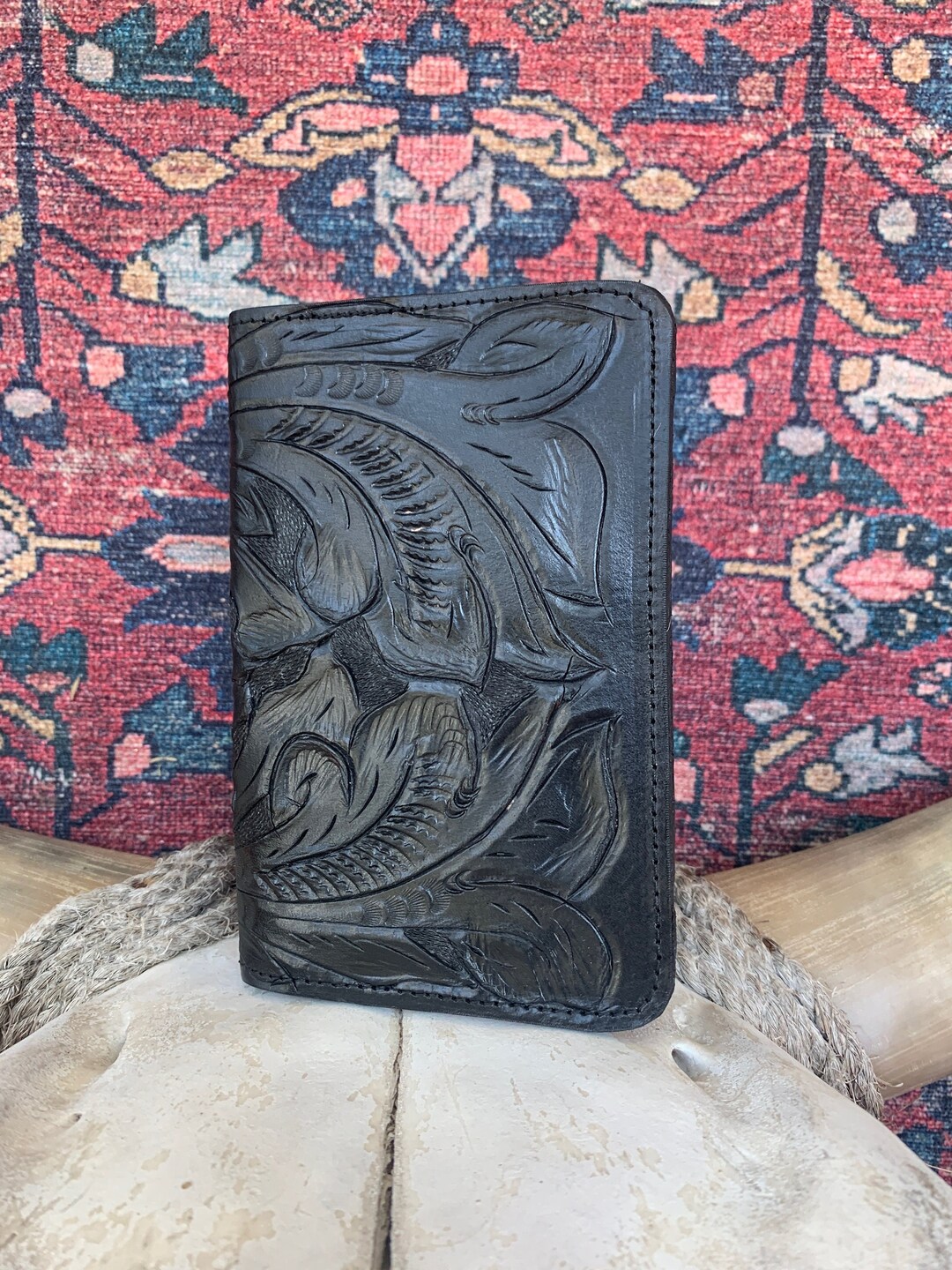 Black Hand-tooled Leather Wallet by Juan Antonio - Etsy