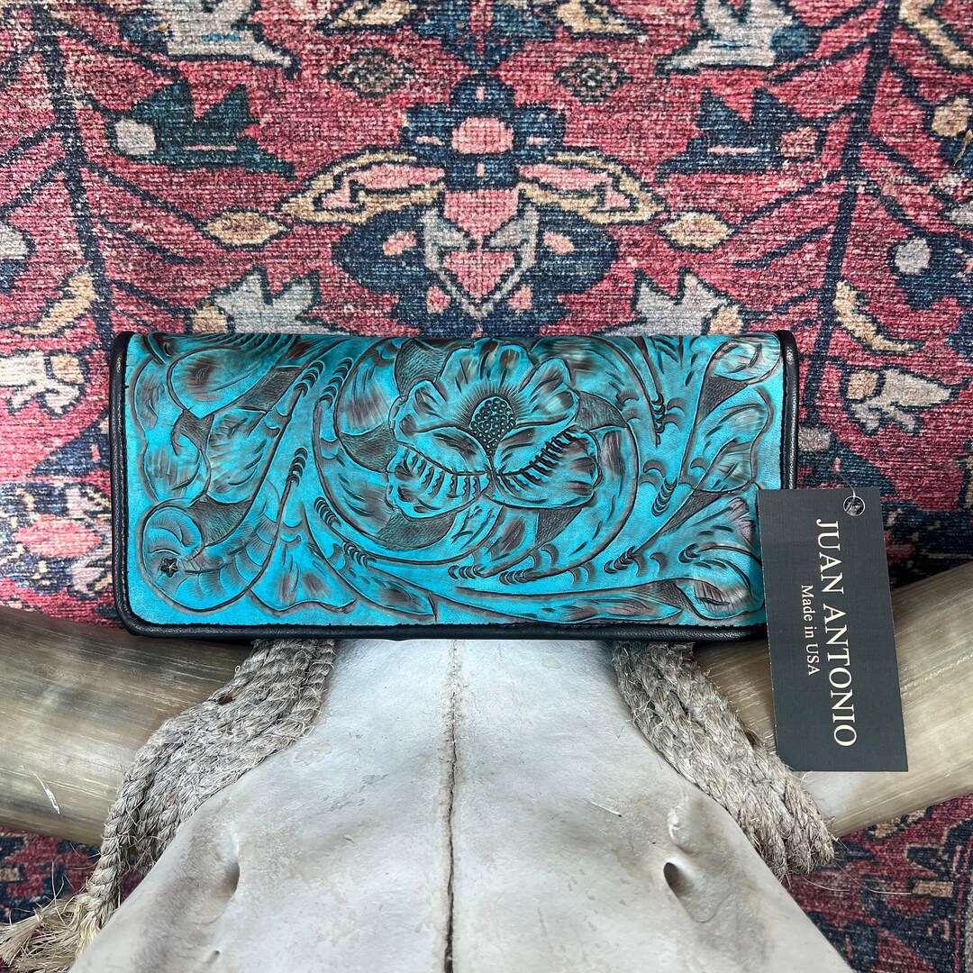 Hand-tooled Leather Wallet by Juan Antonio - Turquoise - Etsy