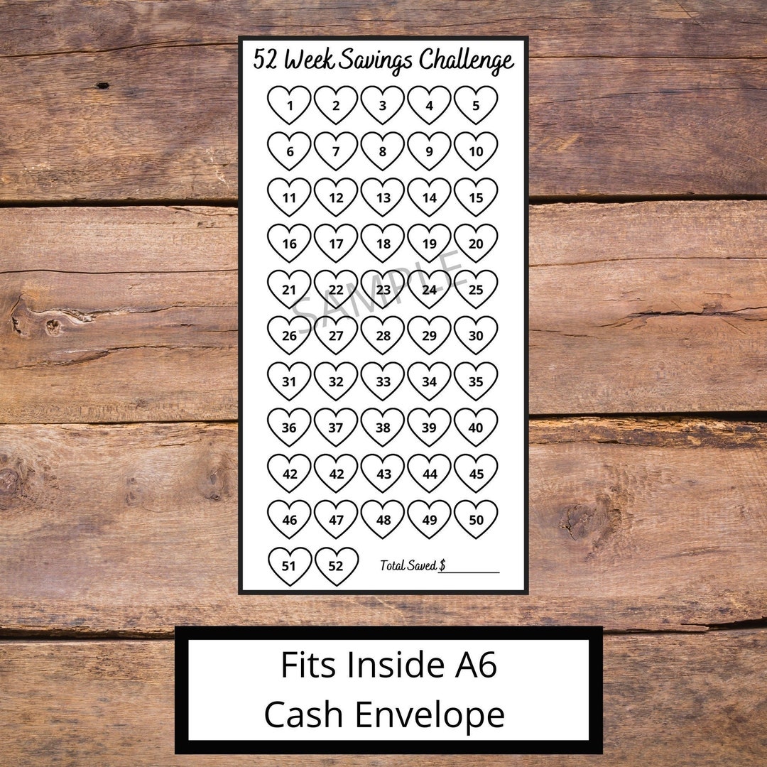 52 Week Savings Challenge Hearts Insert Printable Cash Envelopes Insert ...