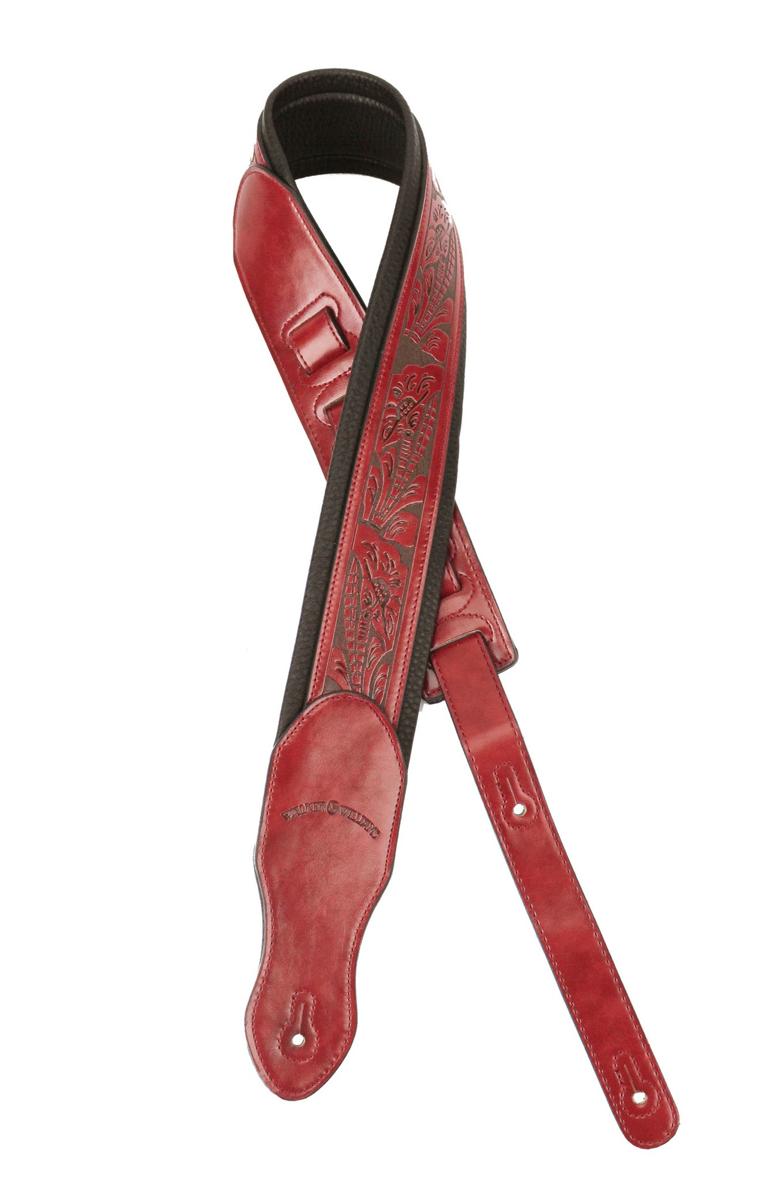 Deep Red Leather Padded Guitar Strap With Embossed Western Tooling ...