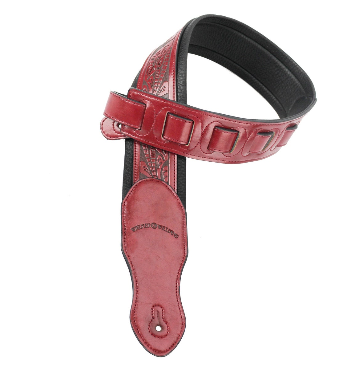 Deep Red Leather Padded Guitar Strap With Embossed Western Tooling ...