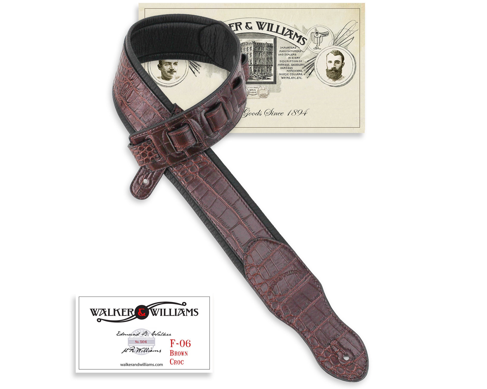 Mahogany Brown Gator Guitar Strap With Padded Glove Leather Back Walker ...