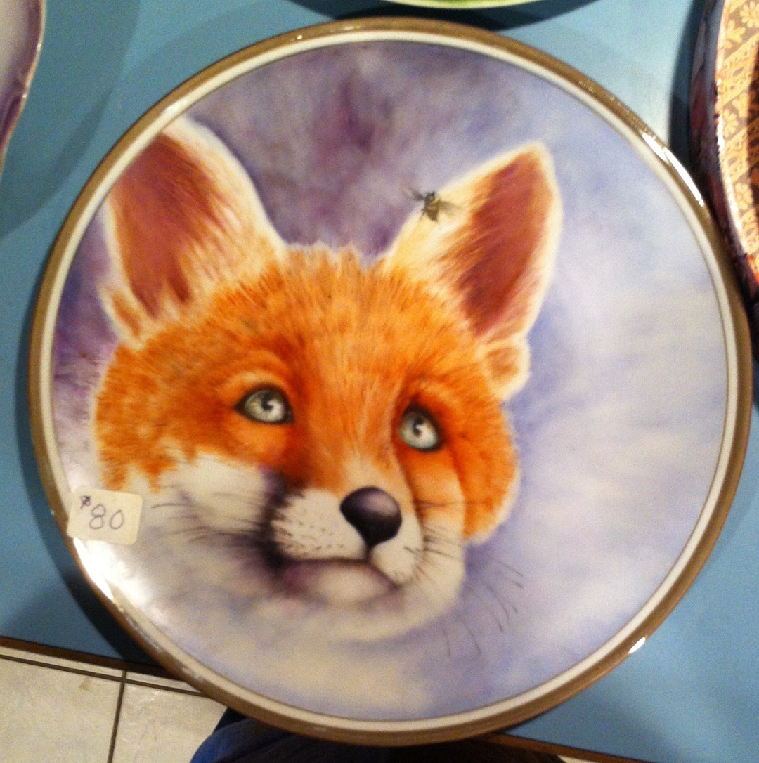 Cute Curious Fox Watching a Bumble Bee Fly by on a Porcelain Plate by ...