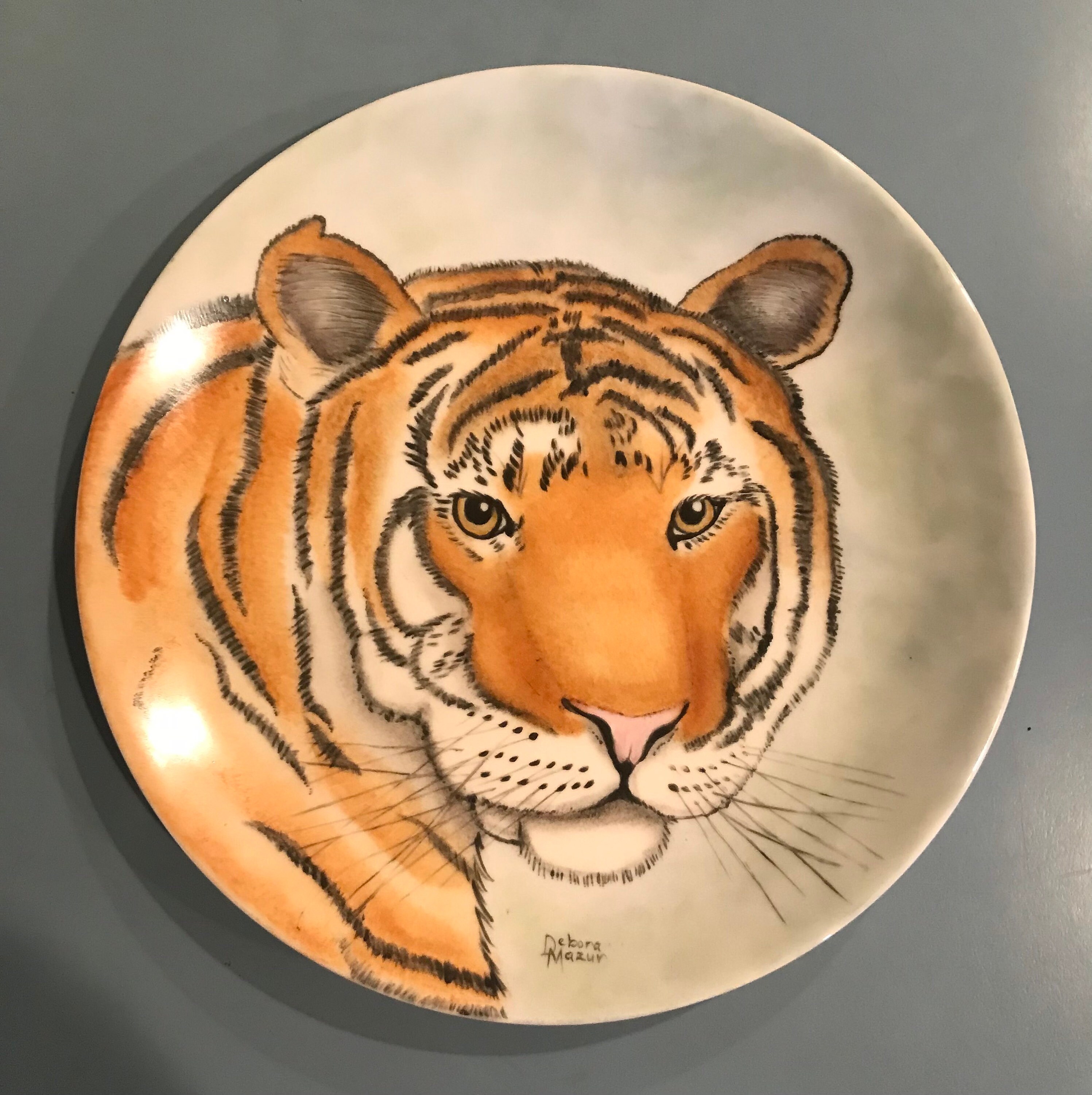 The Head of a Beautiful Tiger Hand Painted on a Porcelain Plate. Blue ...