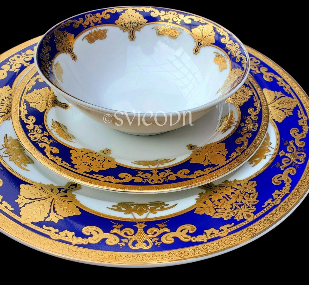 24k GOLD LUXURY DINNERWARE Printed 12 Piece Dinner Set Porcelain Gift ...
