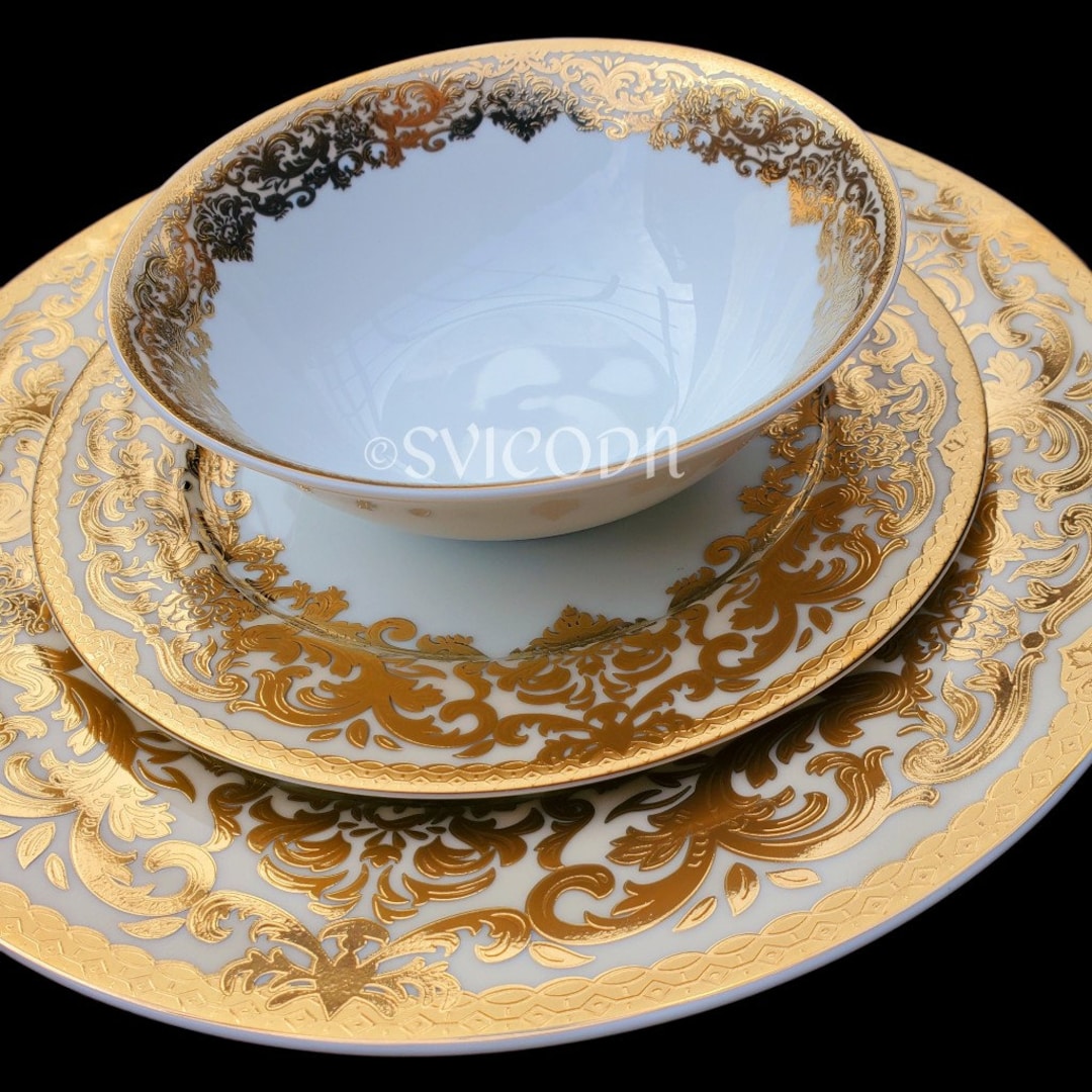 24k GOLD LUXURY DINNERWARE Printed 12 Piece Dinner Set Porcelain Gift ...