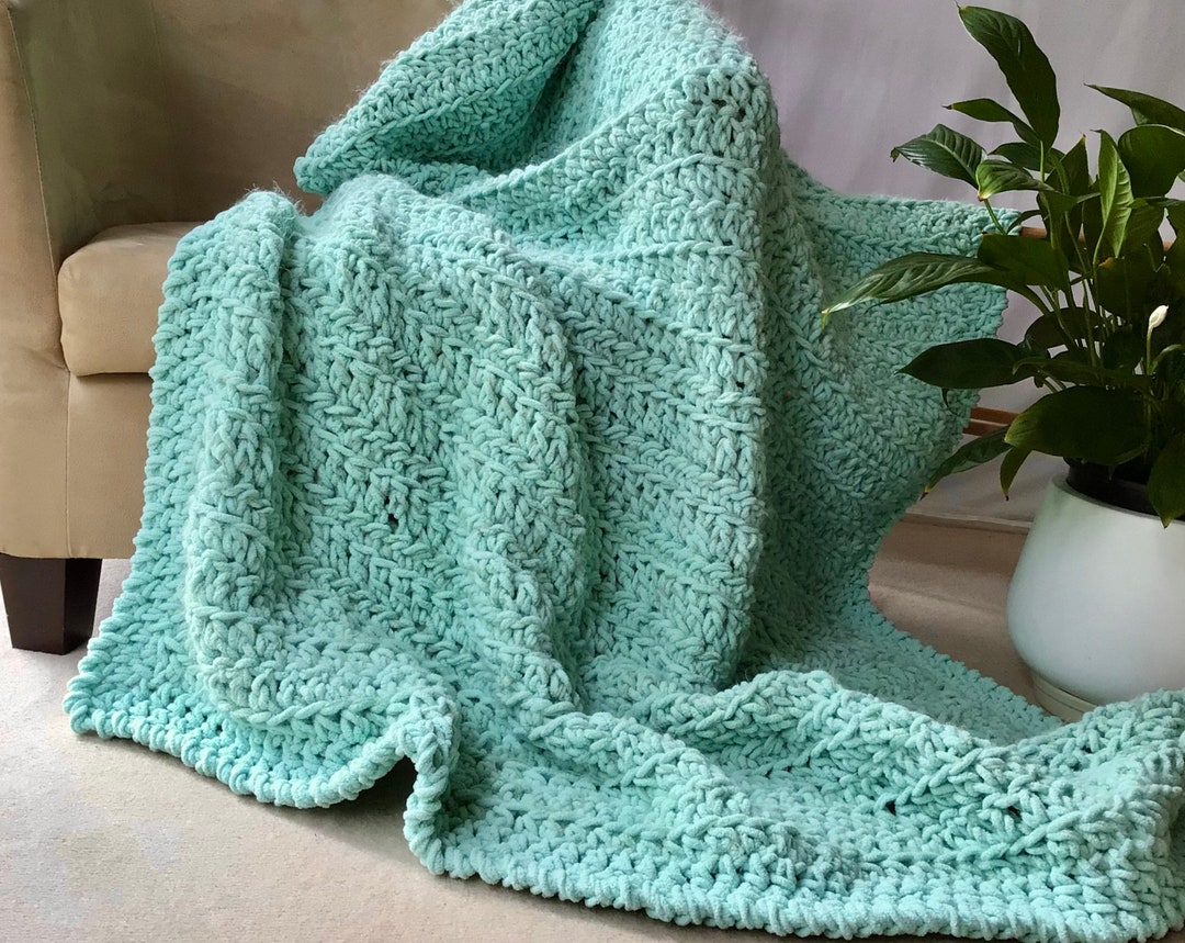 Extra Large Light Sage Crochet Blanket, Soft Turquoise Chenille Throw ...
