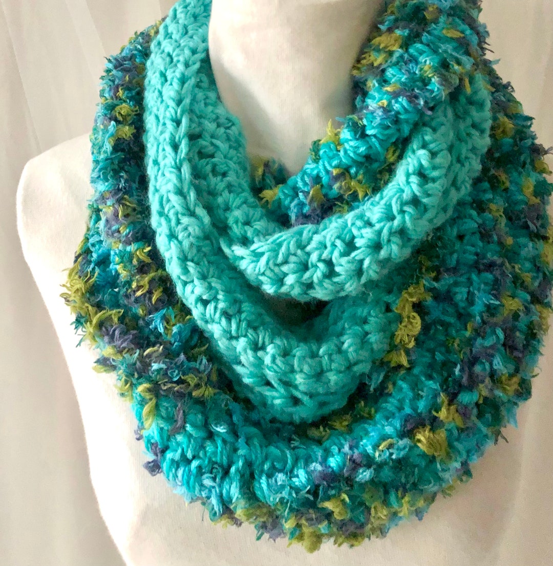 Aqua Blue Green, Tufted Texture Soft Crochet Scarf, Turquoise Soft ...