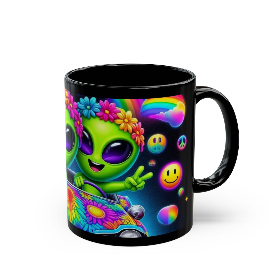 Neon Rainbow Aliens in Convertible Mug, Cute Aliens Peace Sign Coffee ...