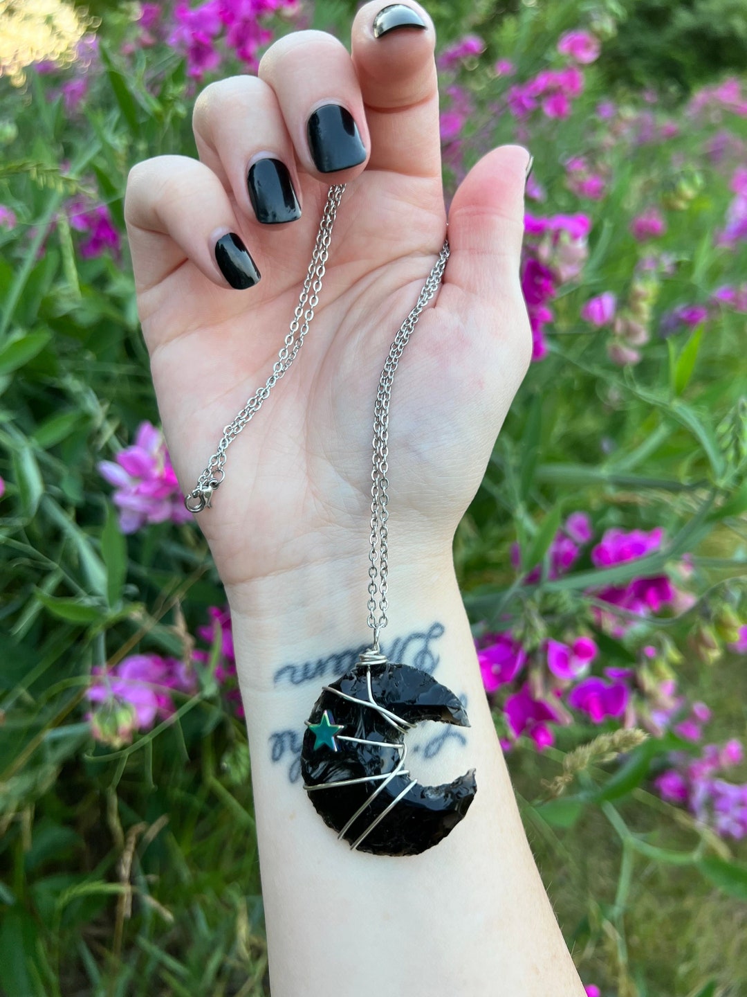 Obsidian Moon Necklace, Crystal Moon, Obsidian Crystal Moon Necklace ...