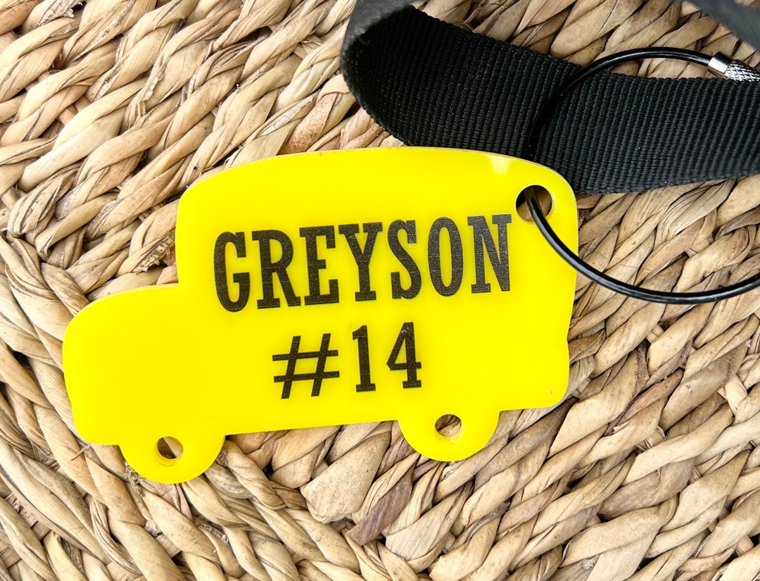 School Bus Tag, Childs Name Tag, Bus Rider Backpack Charm, Bus Number ...