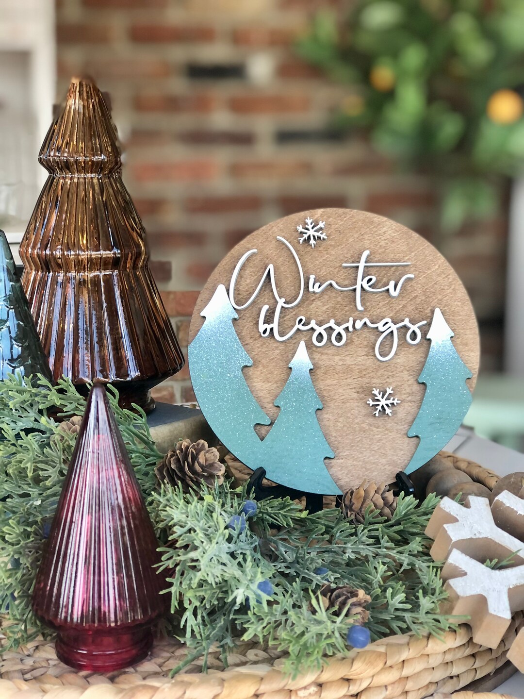 Winter Tray Decor Shelf Decoration Winter Blessings Round Round With ...