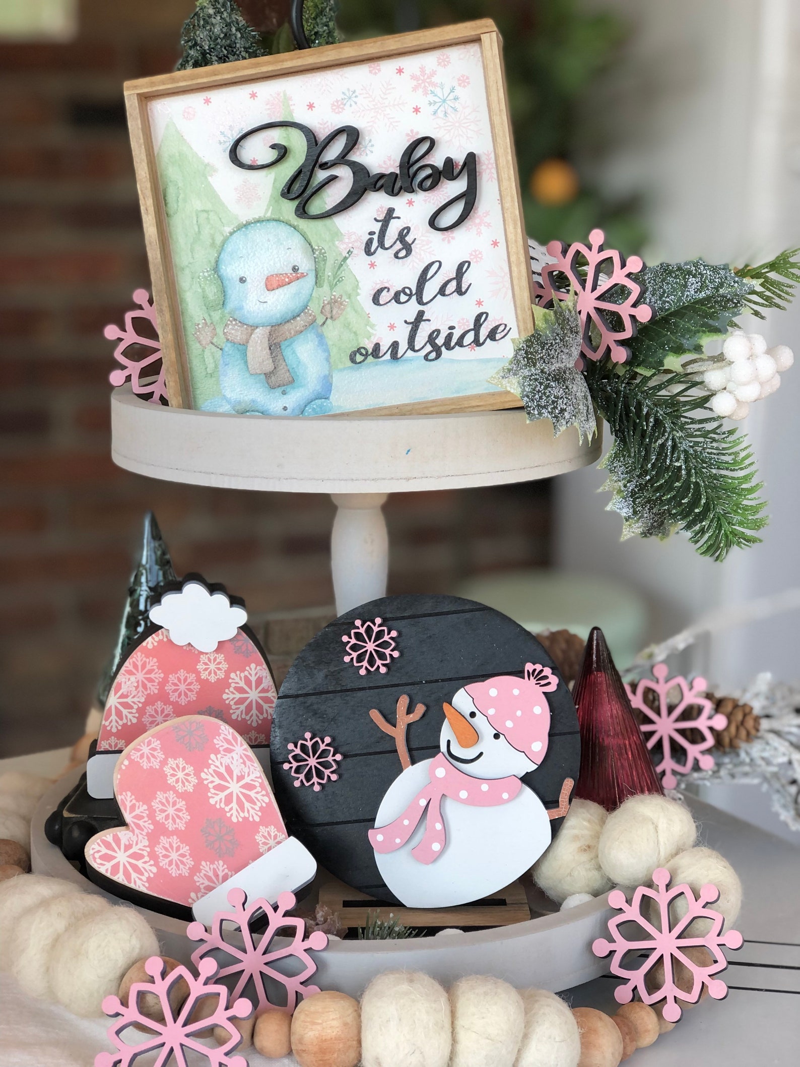 Snowman Tiered Tray Decor Winter Mini Signs Pink Snowman - Etsy