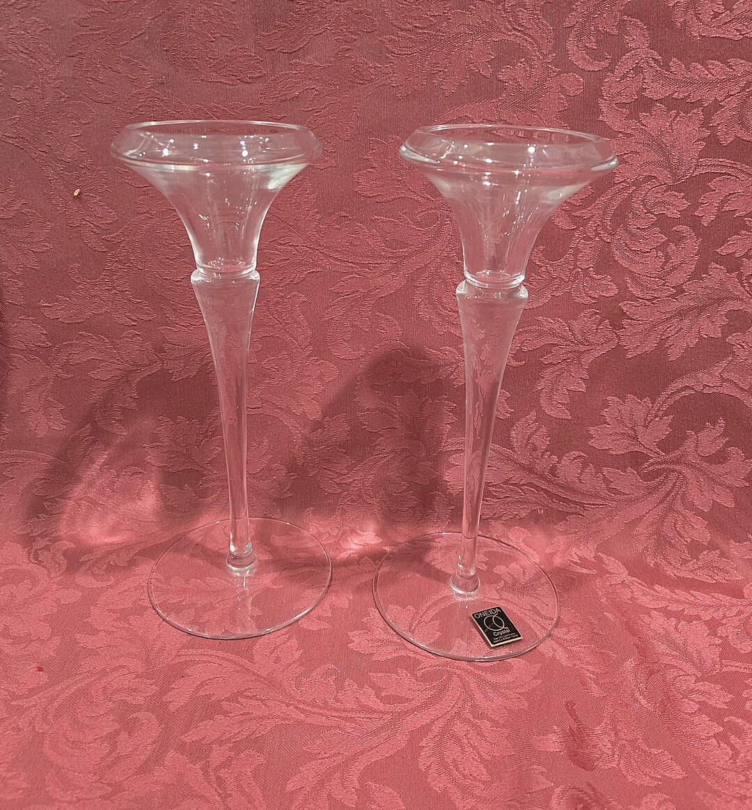 Oneida Crystal Candlestick Pair: Handblown Glass, 9" Tall, Vintage ...