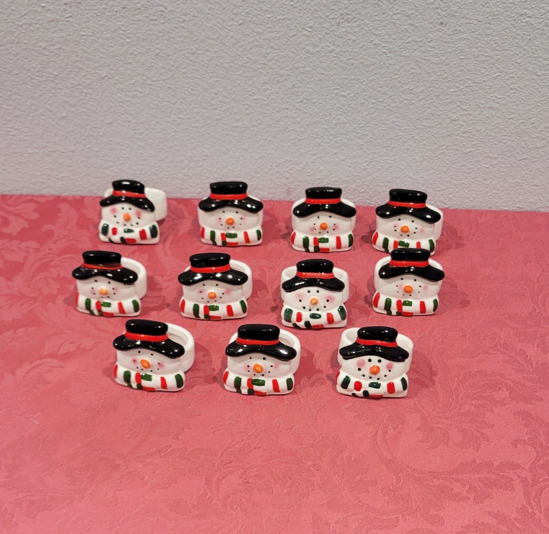 Ceramic Snowman Napkin Rings Set of 11 Darling Like New GIFT Stocking ...
