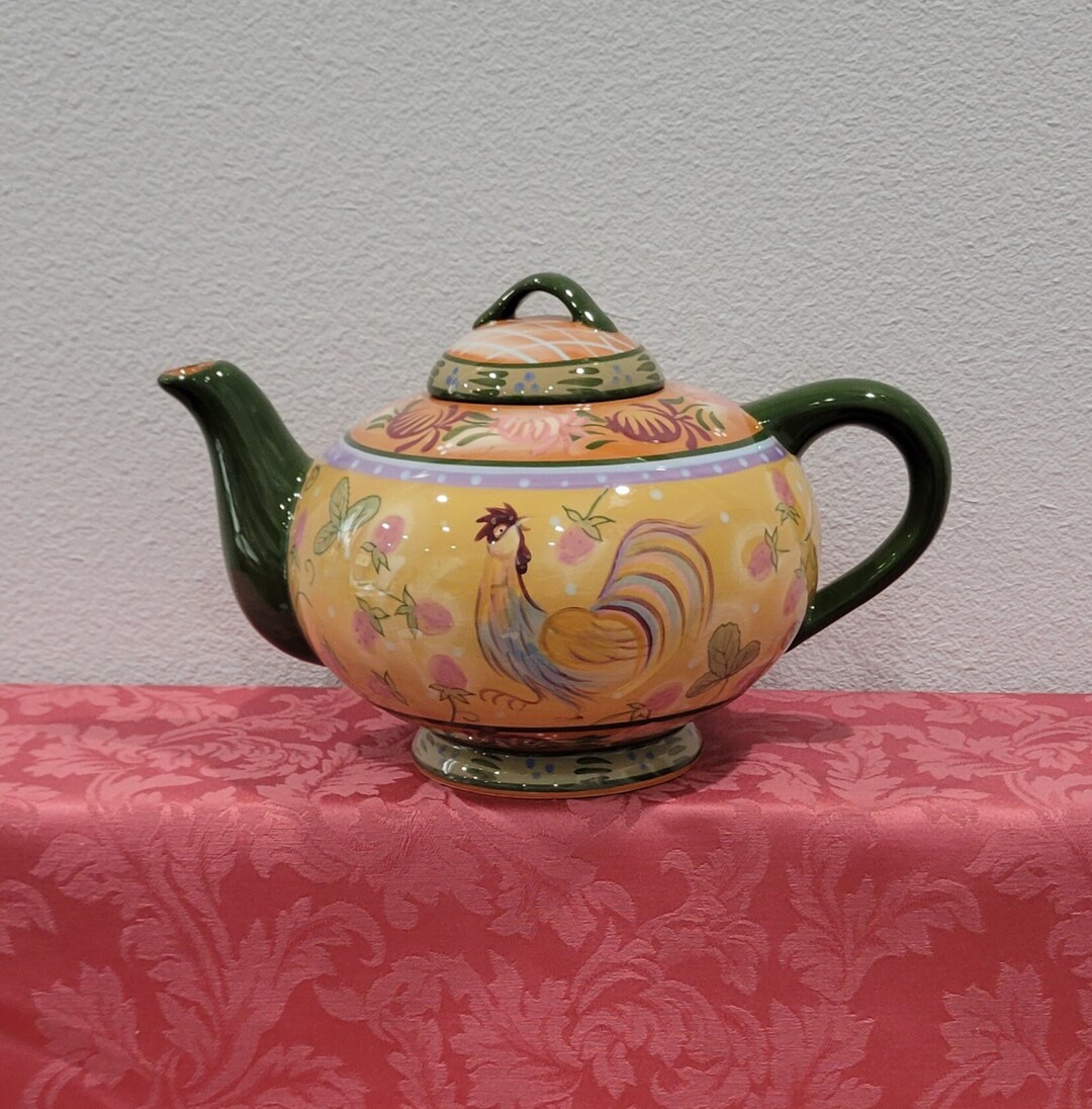 Majolica Danna Cullen rooster Tea Pot Large Country Kitchen Decore GIFT ...
