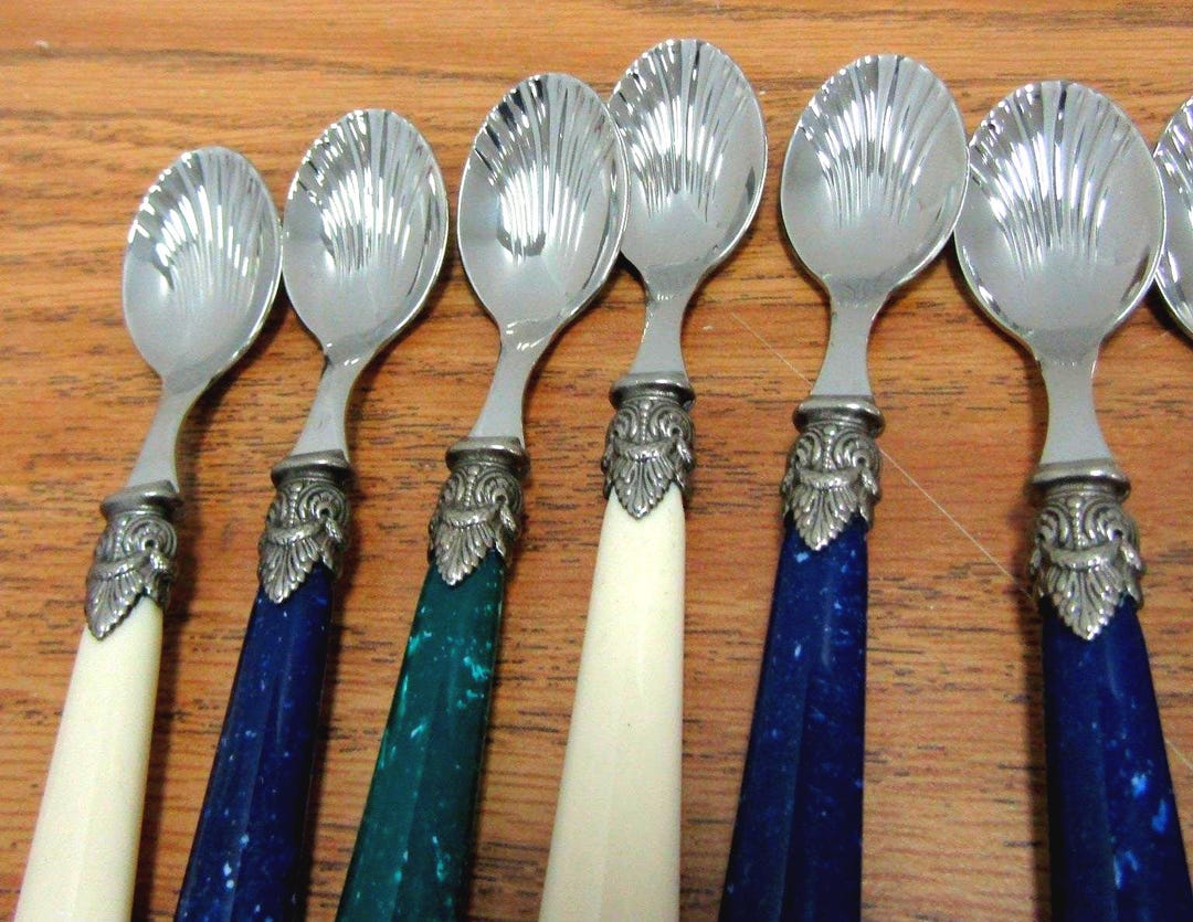 4 Demitasse Spoons Italy 18/10 INOX EME Napolean Pearl Handles Shell ...