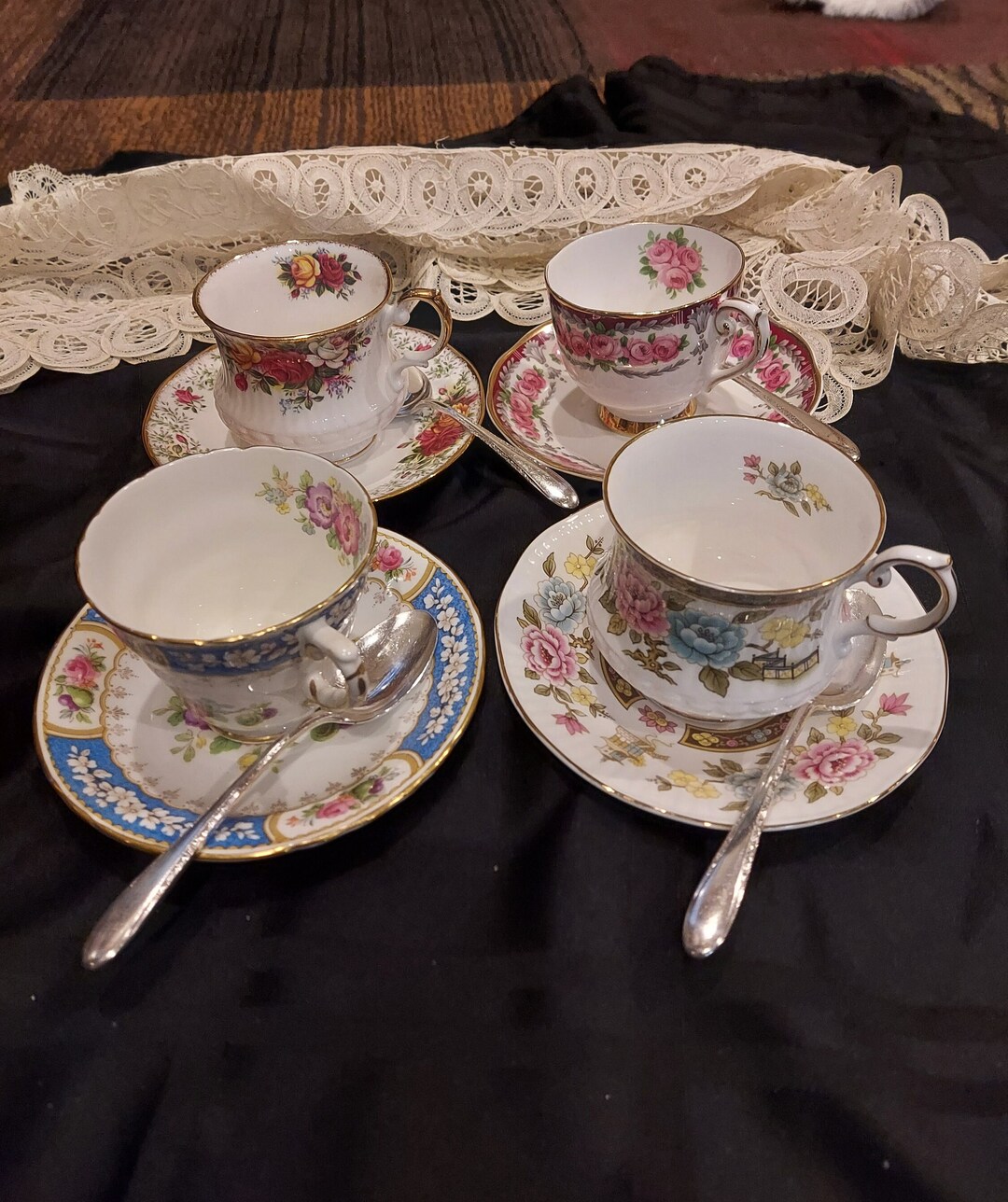 4 English Bone China Teacup & Saucer Set W/ Silverplate Spoon Wedding ...