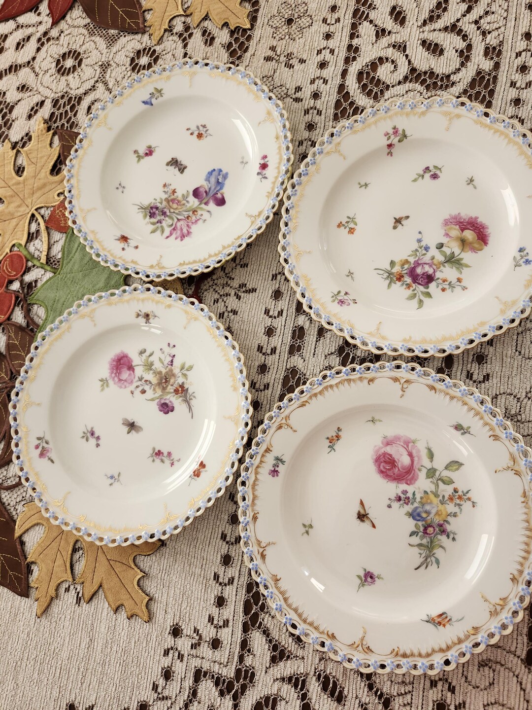Antique KPM Dessert Plates Set of 4 Floral Reticulated Forget Me Not ...