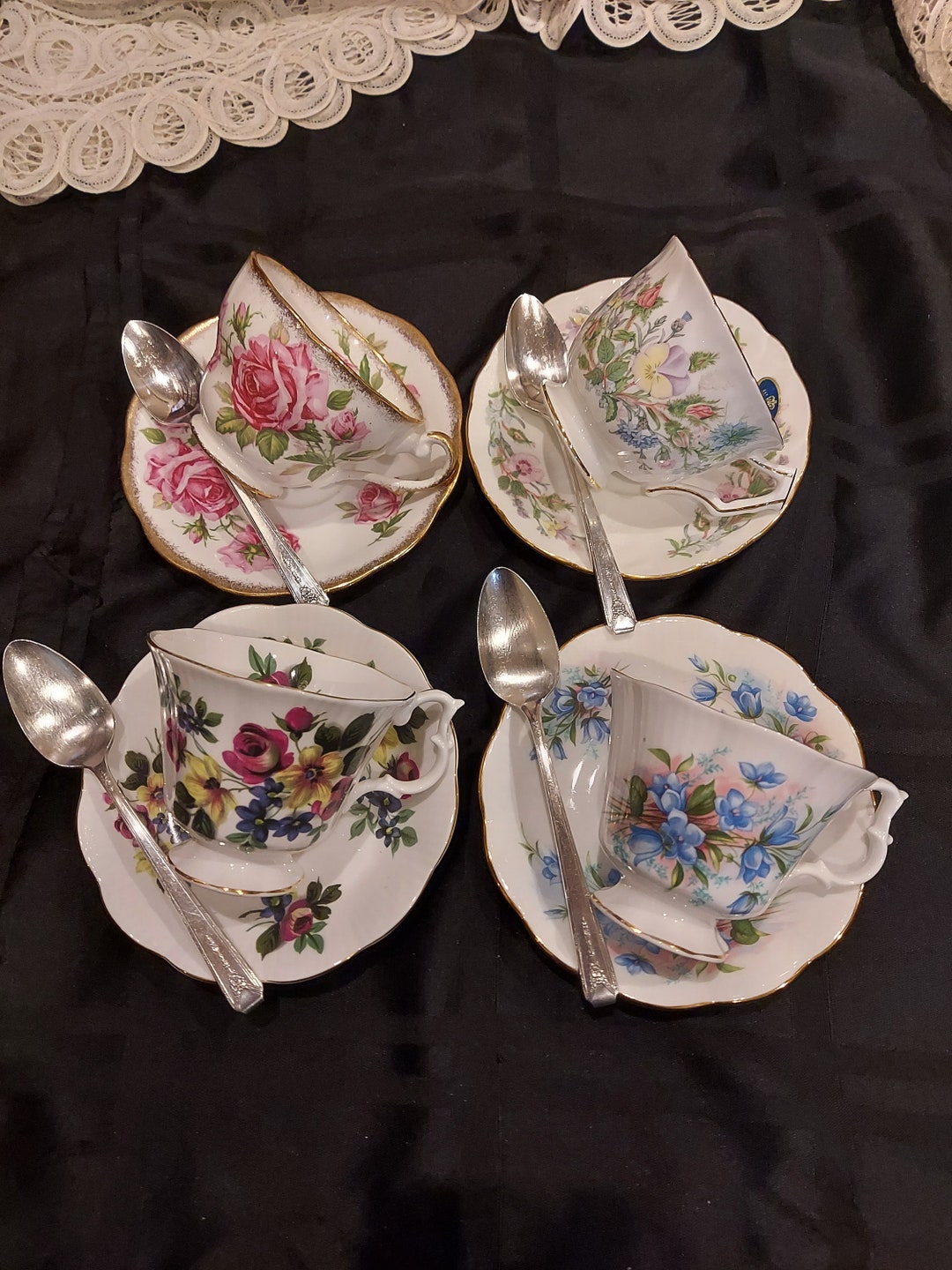 4 English Bone China Teacup & Saucer Set W/ Silverplate Spoon Wedding ...