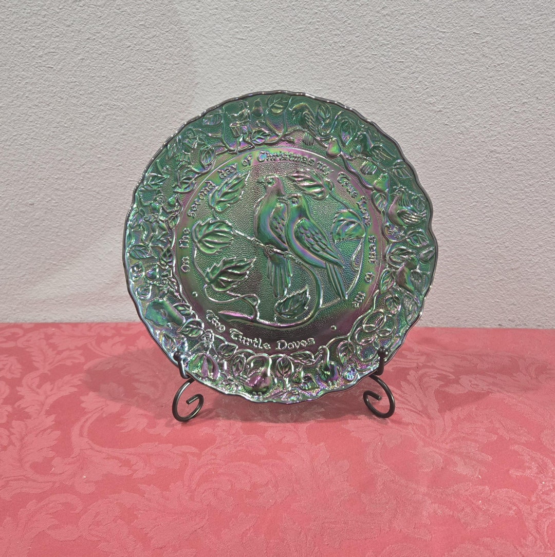 Imperial Carnival Glass Plate: Two Turtle Doves, Iridized Green, 12 ...