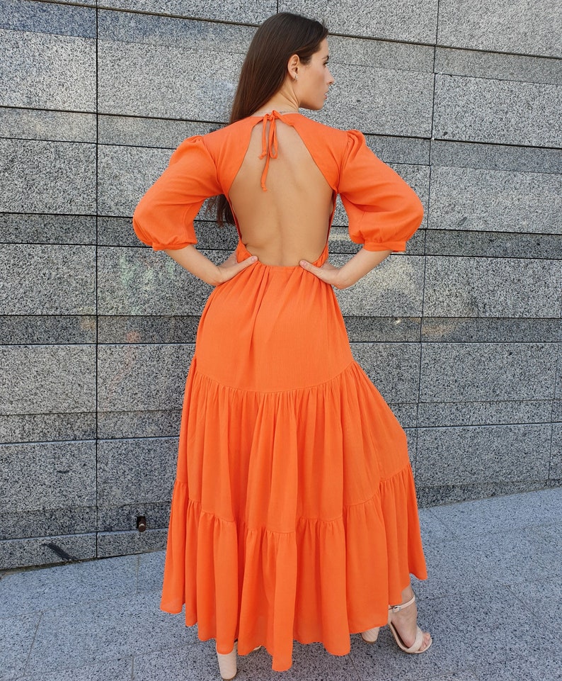 Orange Backless Dress Puff Sleeve Dress Maxi Sun Summer Long Dress Open ...