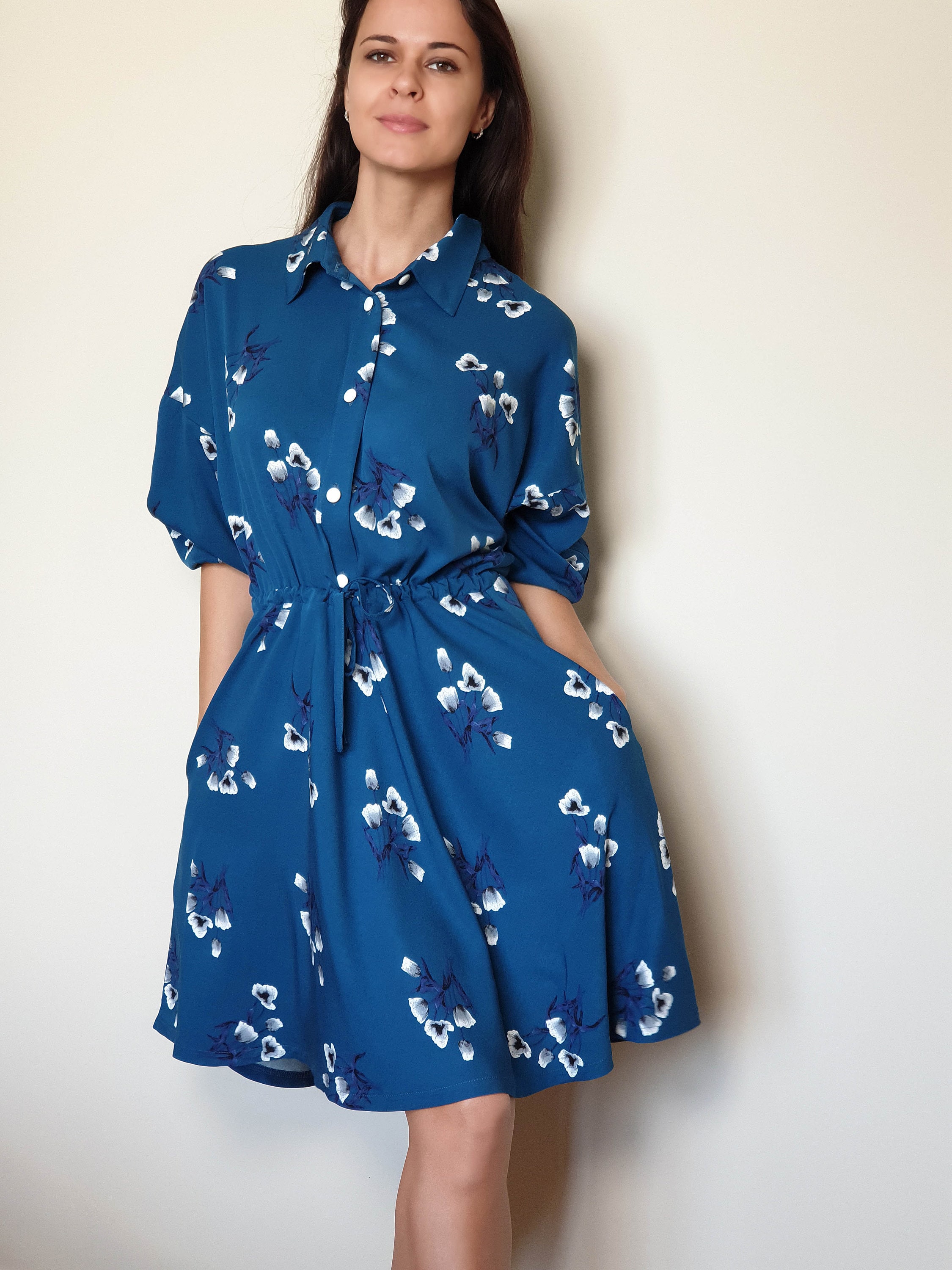 Women's Blue Summer Dress Pattern Floral Dress Button up Dress With Tie ...