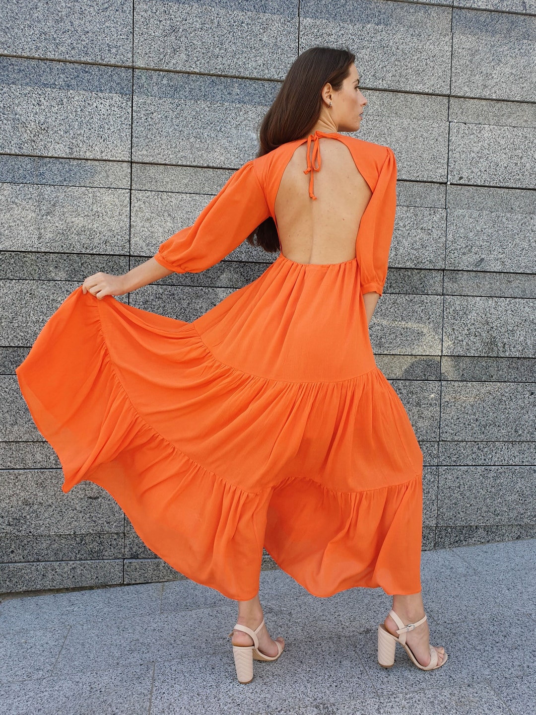 Orange Backless Dress Puff Sleeve Dress Maxi Sun Summer Long Dress Open ...