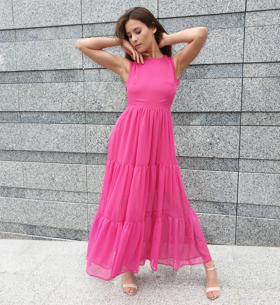 Summer Dress Pink Backless Dress for Wedding Guest Sleeveless Maxi Open ...