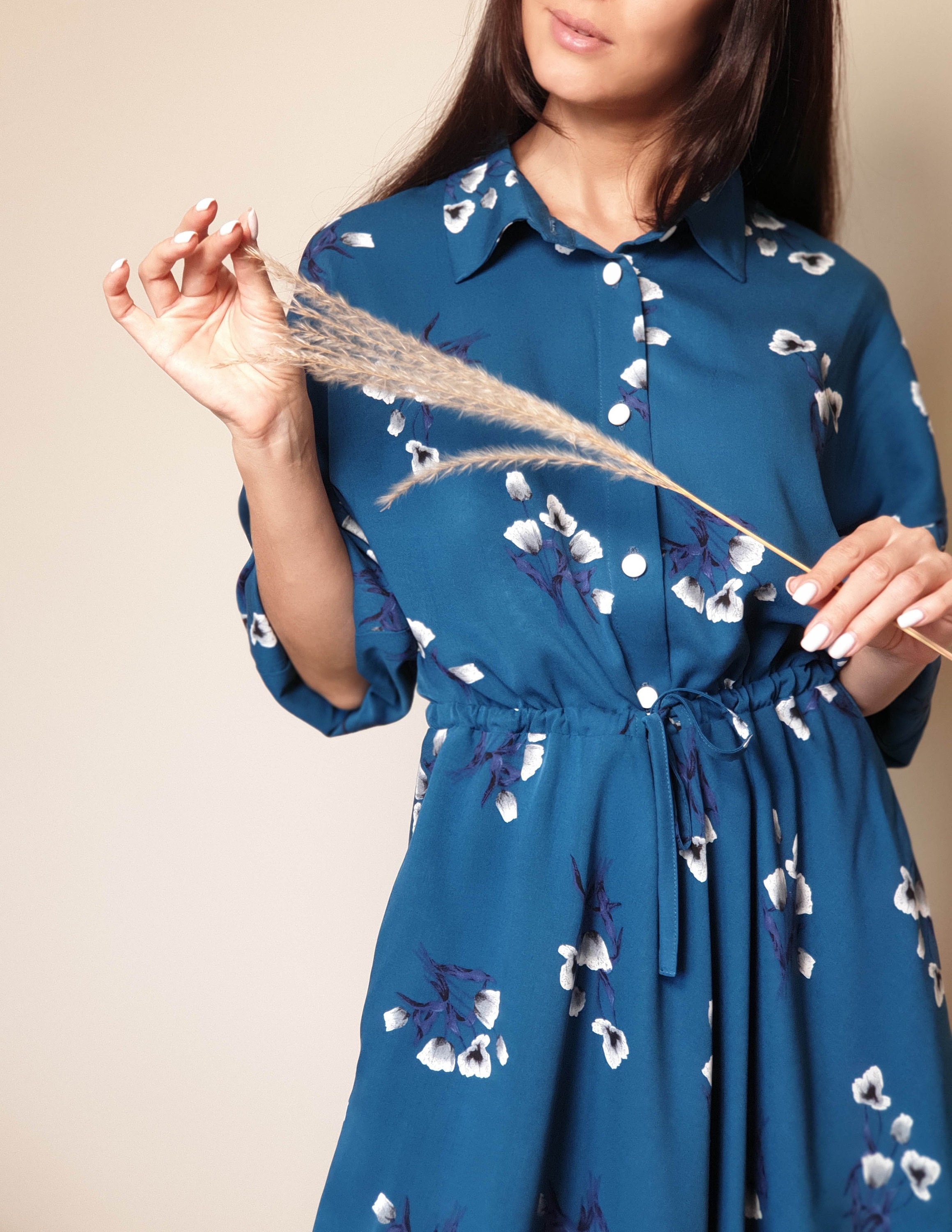 Women's Blue Summer Dress Pattern Floral Dress Button up Dress With Tie ...