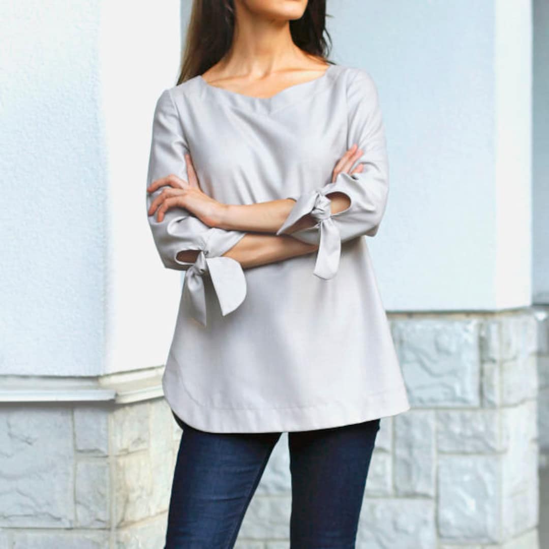 Blusa de algodón Túnica para mujer Camiseta gris Top Túnica elegante ...