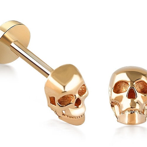 14k Solid GOLD SKULL Reverse Screw Traguslabret Ear | Etsy