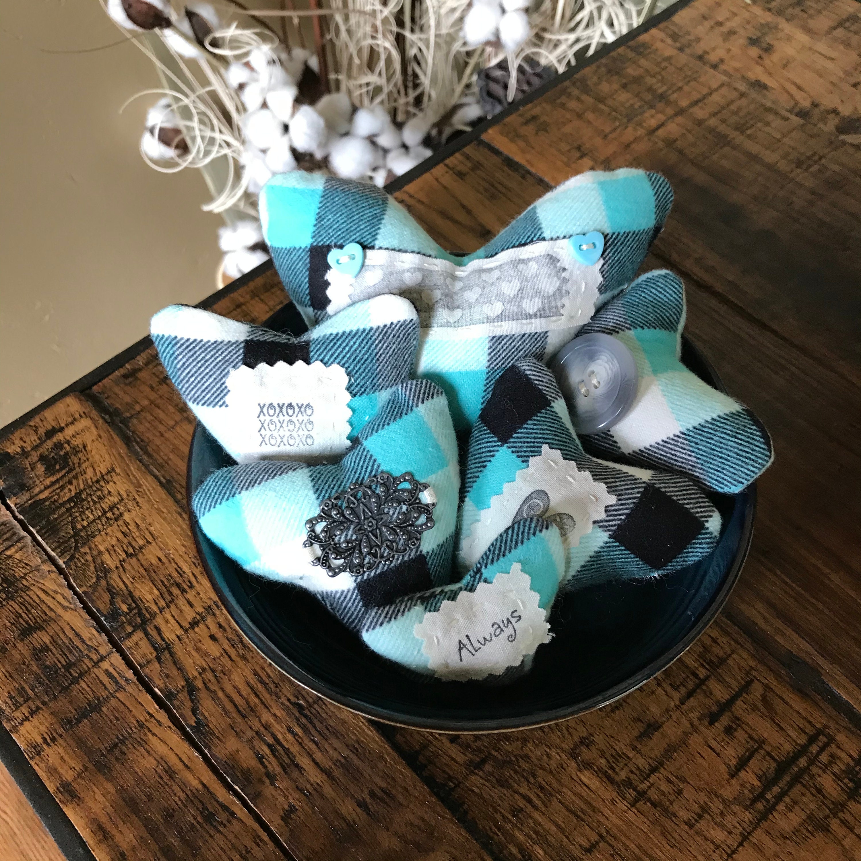 Teal Fabric Heart Bowl Fillers, Unique Valentine Gifts for Her, Rustic ...