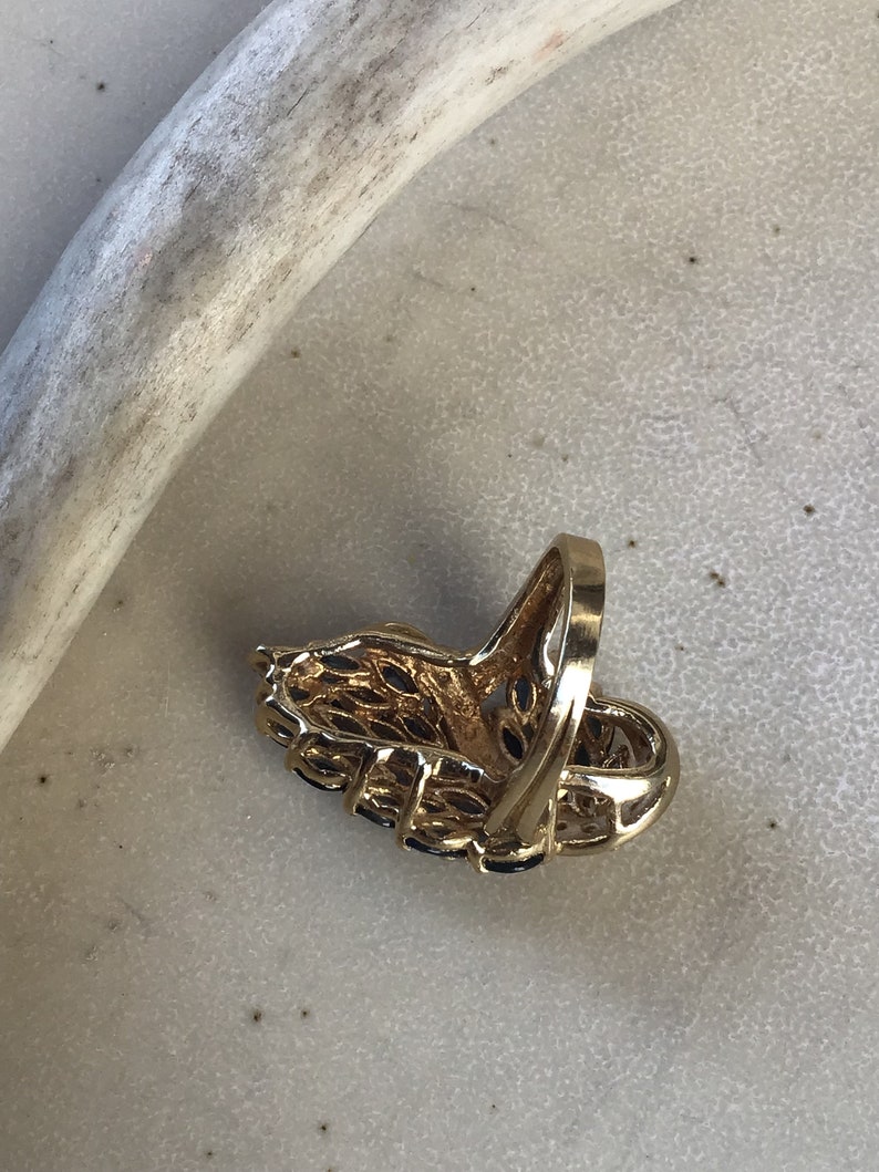 14k Gold Estate Regal Marquis Natural Sapphire and Diamond Feather ...